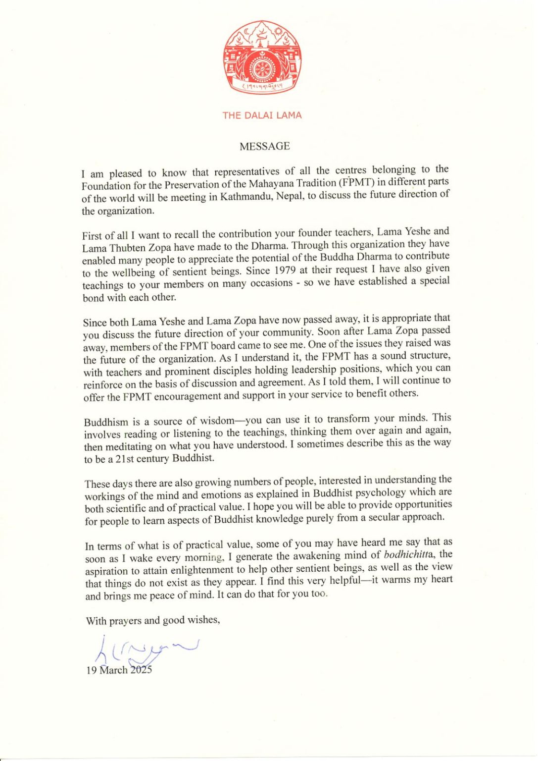 Letter from His Holiness the Dalai Lama Offered to the 2025 CPMT Summit ...